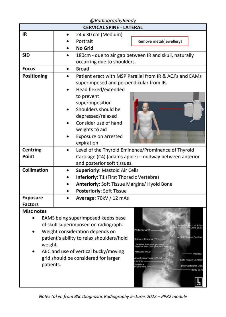 Spine Positioning Summary Notes for Diagnostic Radiography Placement ...