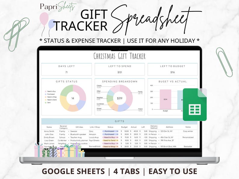 Gift Tracker Spreadsheet Google Sheets Template: Holiday and Birthday ...