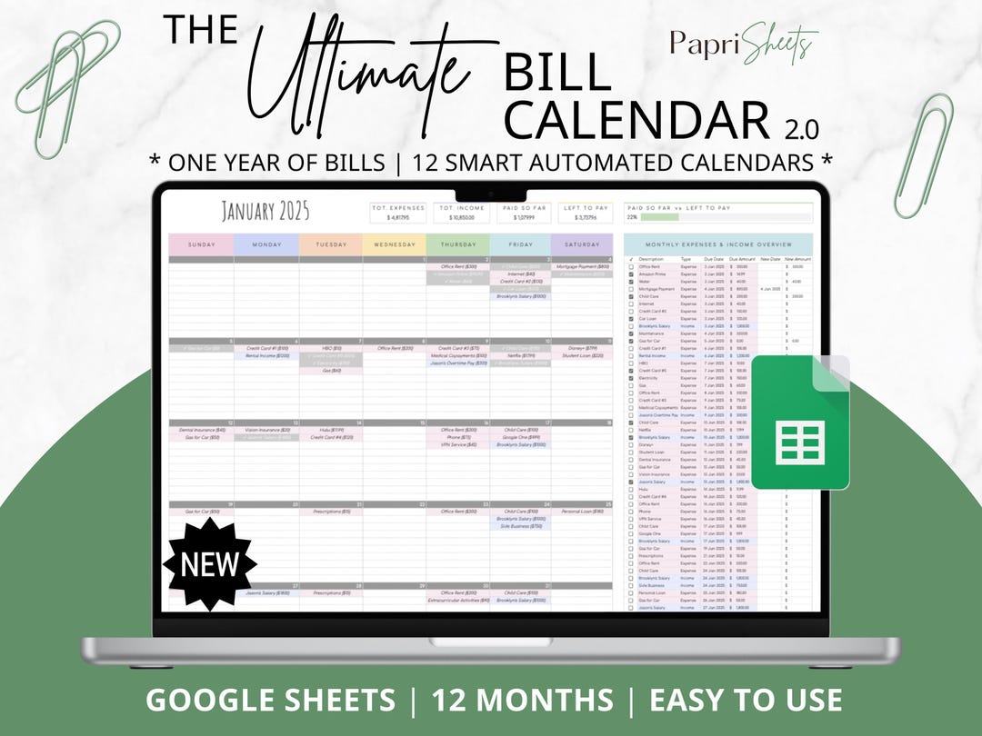 Bill Tracker Spreadsheet: Google Sheets Bill Calendar, Monthly Smart ...