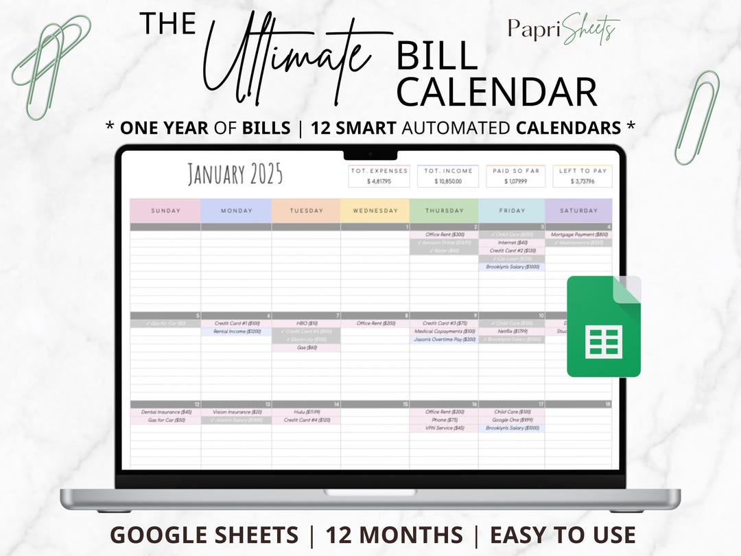 Bill Tracker Spreadsheet: Google Sheets Bill Calendar, Monthly Smart ...