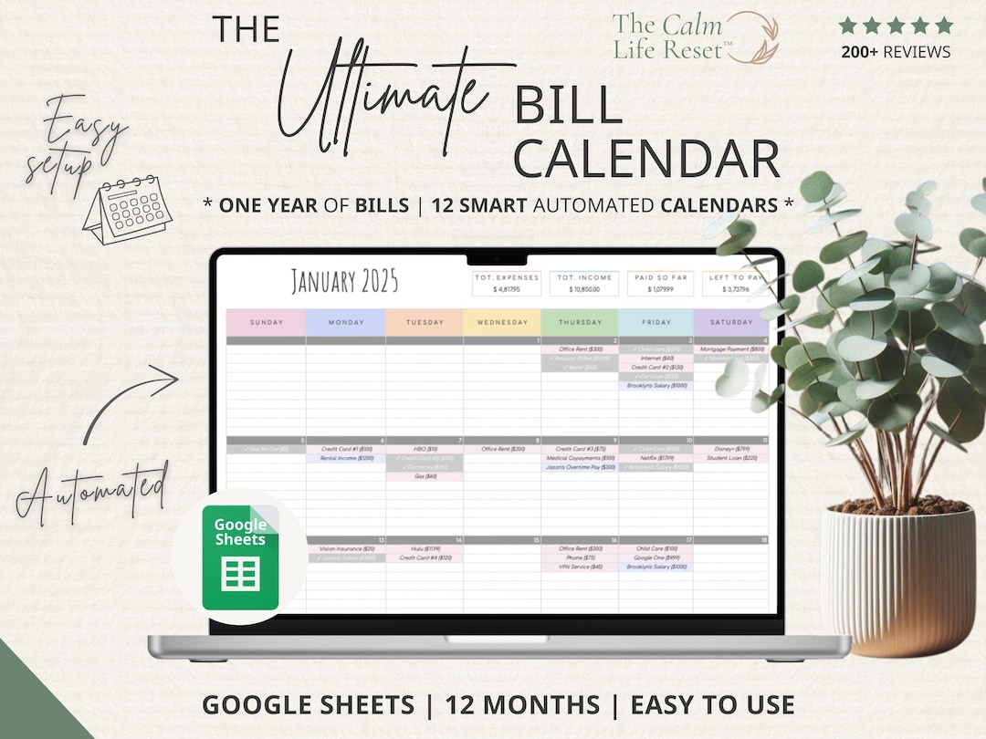 Bill Tracker Spreadsheet: Google Sheets Bill Calendar, Monthly Smart ...
