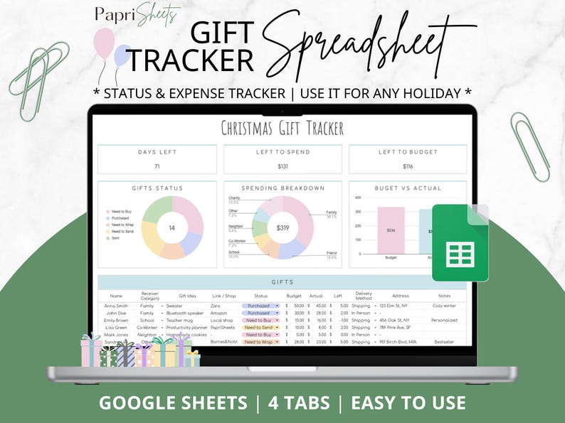 Gift Tracker Spreadsheet Google Sheets Template: Holiday and Birthday ...
