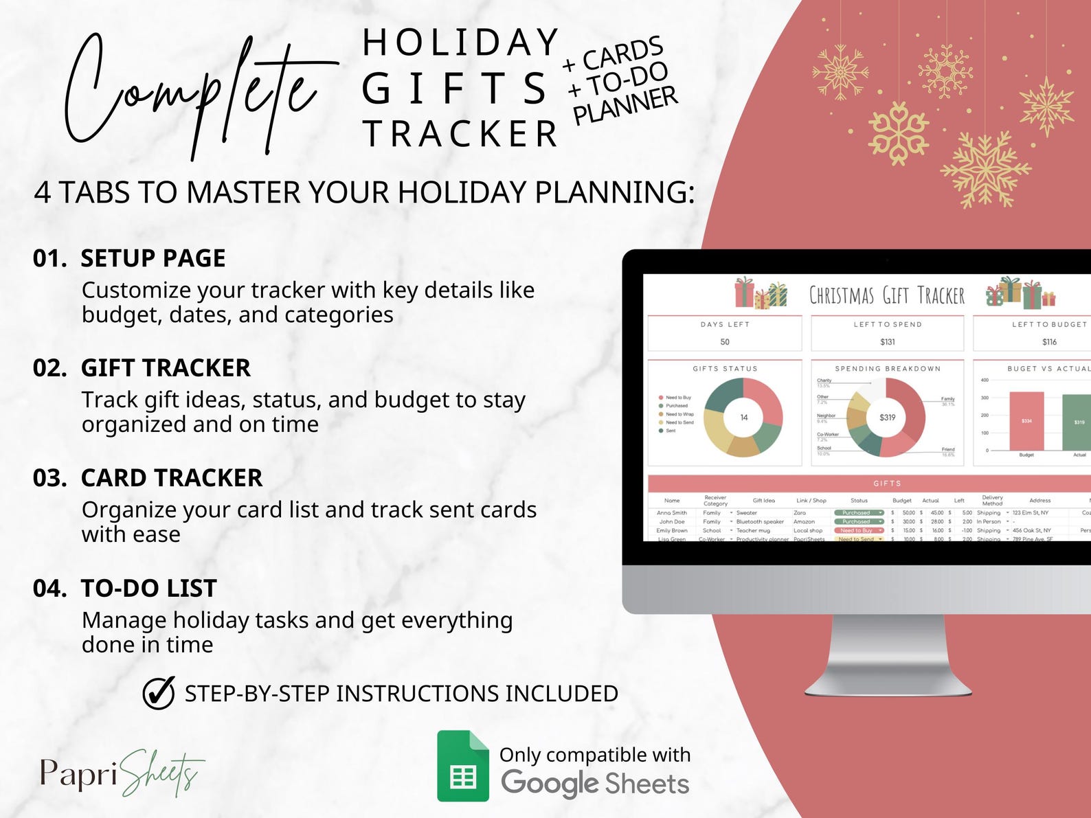 Christmas Gift Tracker Google Sheets Gift Planner Spreadsheet Holiday ...