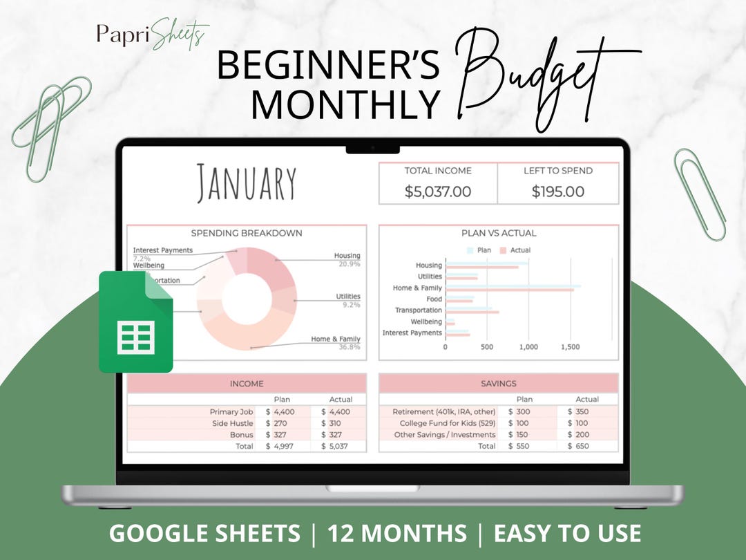 Beginner’s Monthly Budget Spreadsheet: Easy Budgeting Planner, Google ...