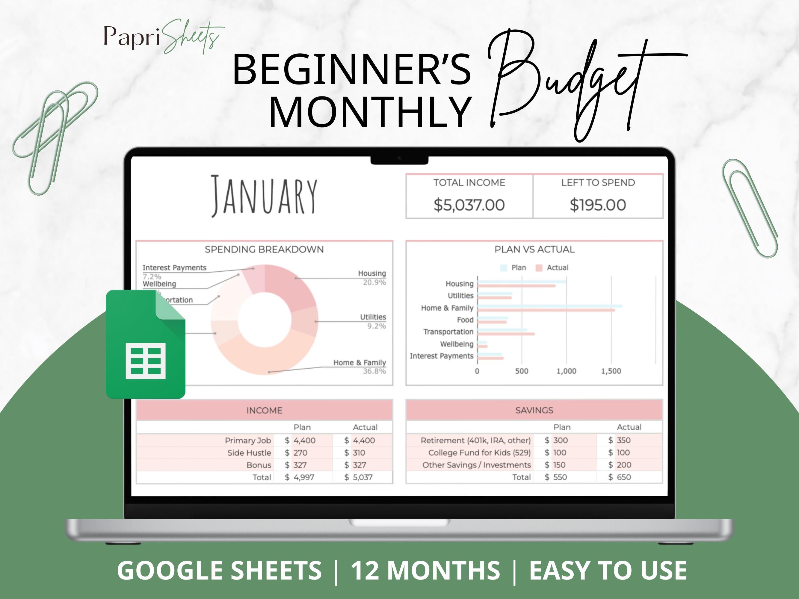Beginner’s Monthly Budget Spreadsheet: Easy Budgeting Planner, Google ...