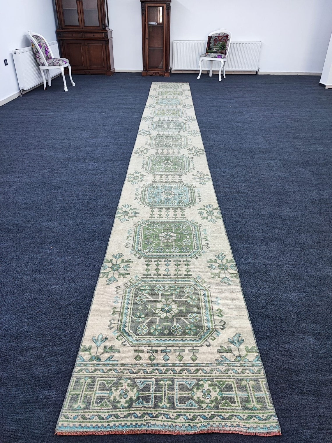 2'4 X 22' Faded Green Handmade Extra Long Runner 2x22, Beige Handwoven ...