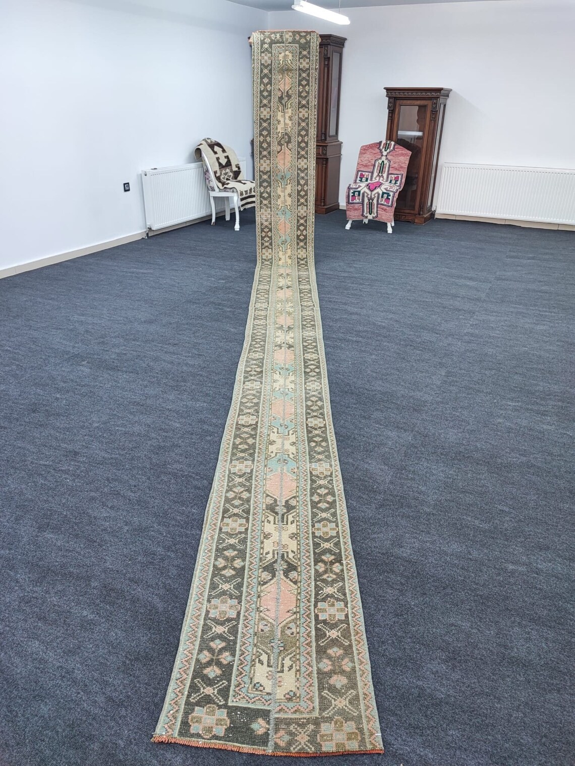 1'8" X 20'4" Handmade Green Extra Narrow and Long Runner 2x20 ...