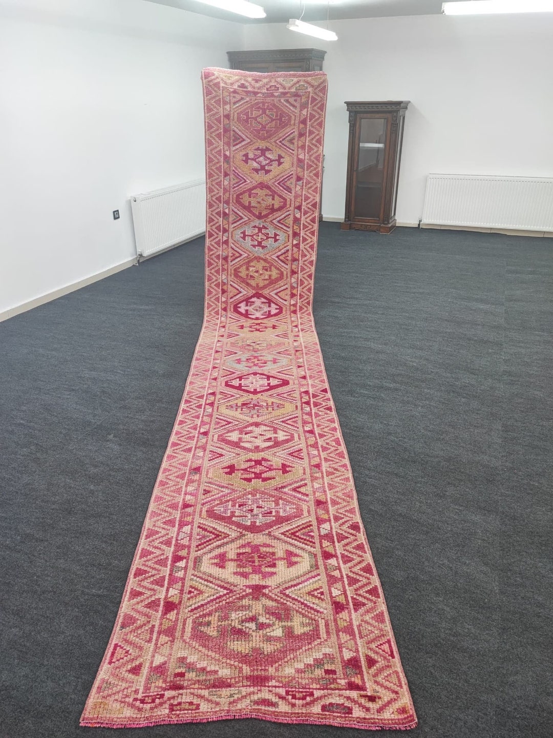 2'11" X 16" Red Pink Diamond Pattern Rug Runner 3x16, Handmade Vintage ...