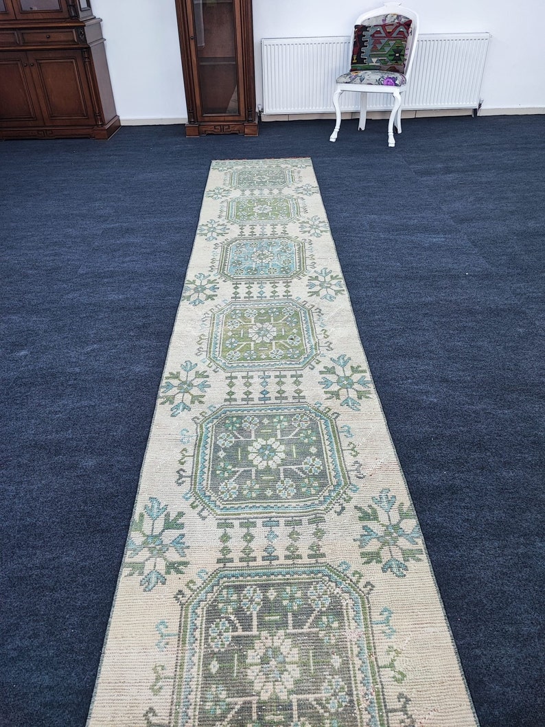 2'4" X 22' Faded Green Handmade Extra Long Runner 2x22, Beige Handwoven ...