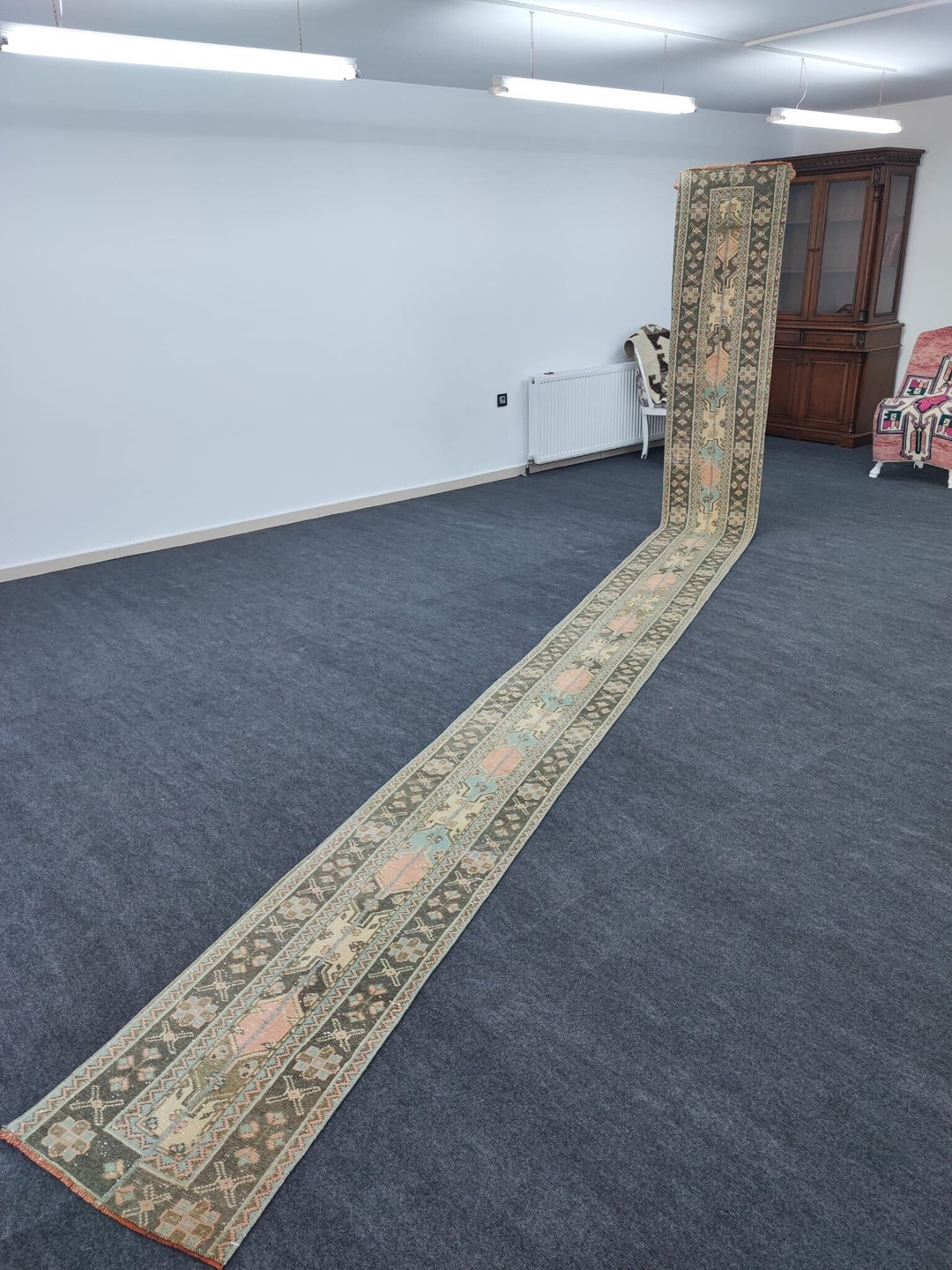 1'8" X 20'4" Handmade Green Extra Narrow and Long Runner 2x20 ...