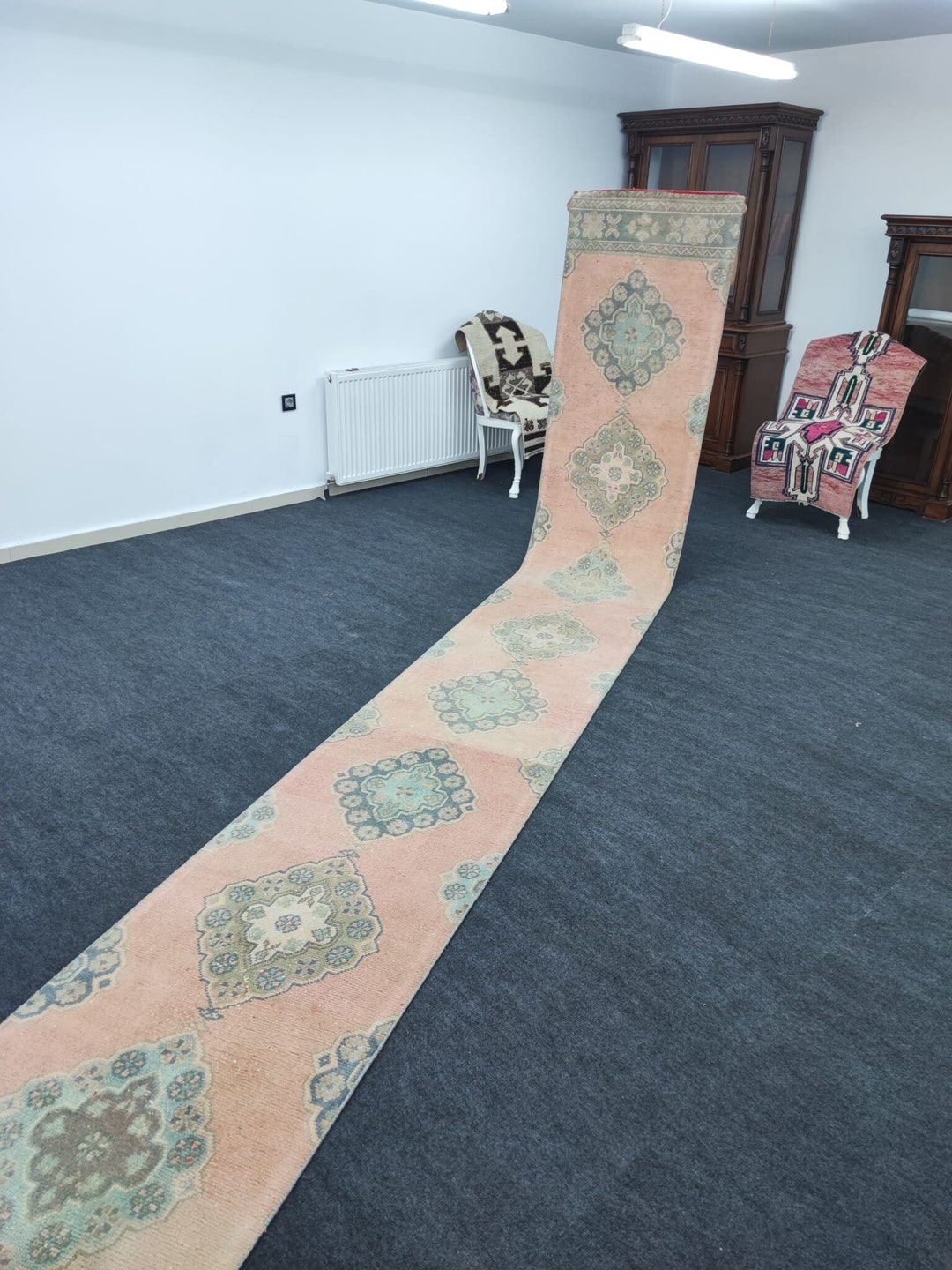 2'3" X 20'7" Handmade Vintage Stair Runner, Salmon Green Distressed Rug ...