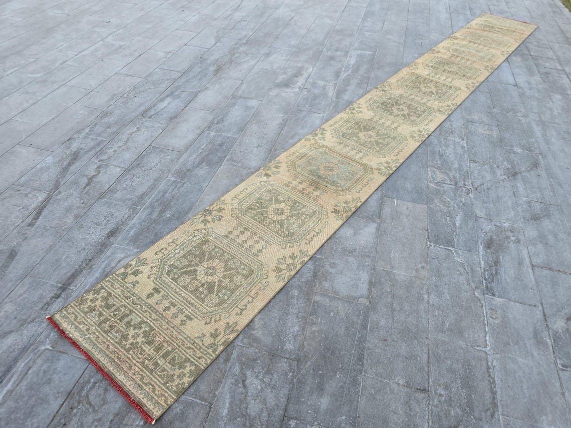 2'5" X 20'4" Muted Runner Rug Extra Long Rug Runner Faded Yellow Green ...