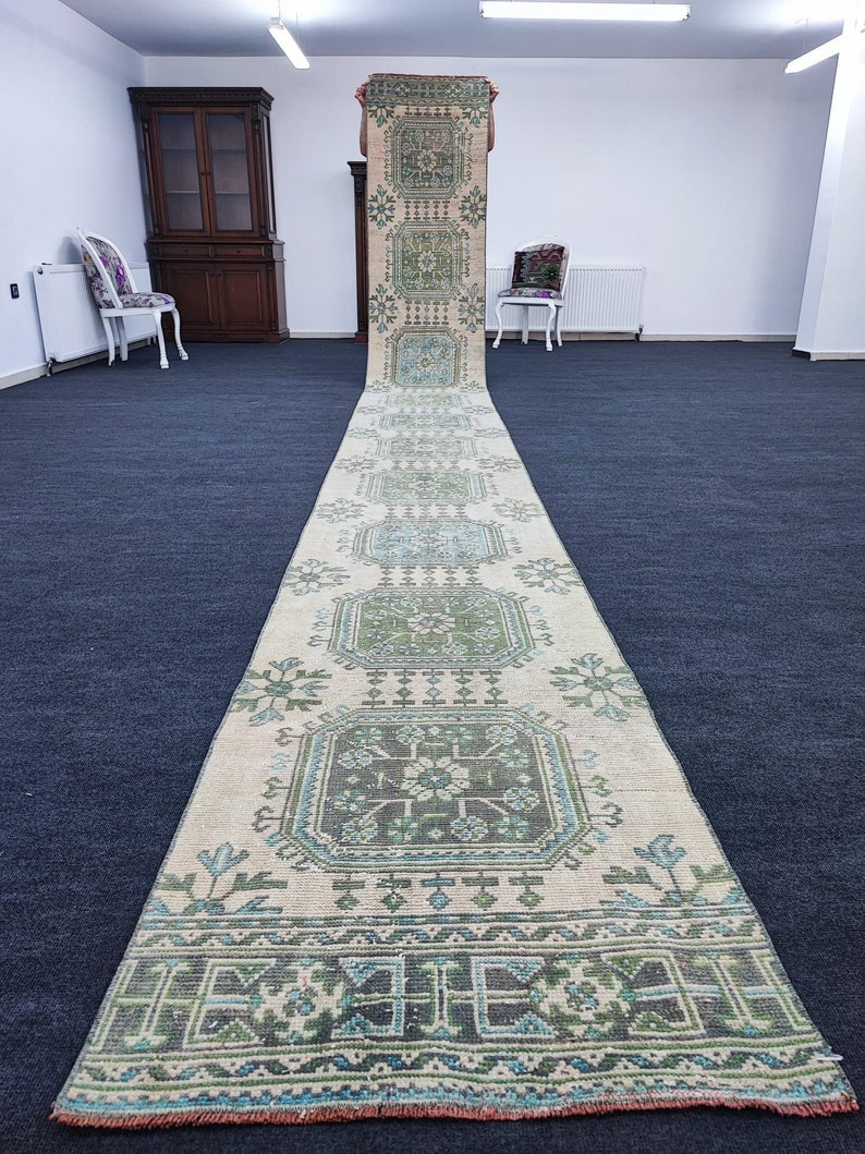 2'4" X 22' Faded Green Handmade Extra Long Runner 2x22, Beige Handwoven ...