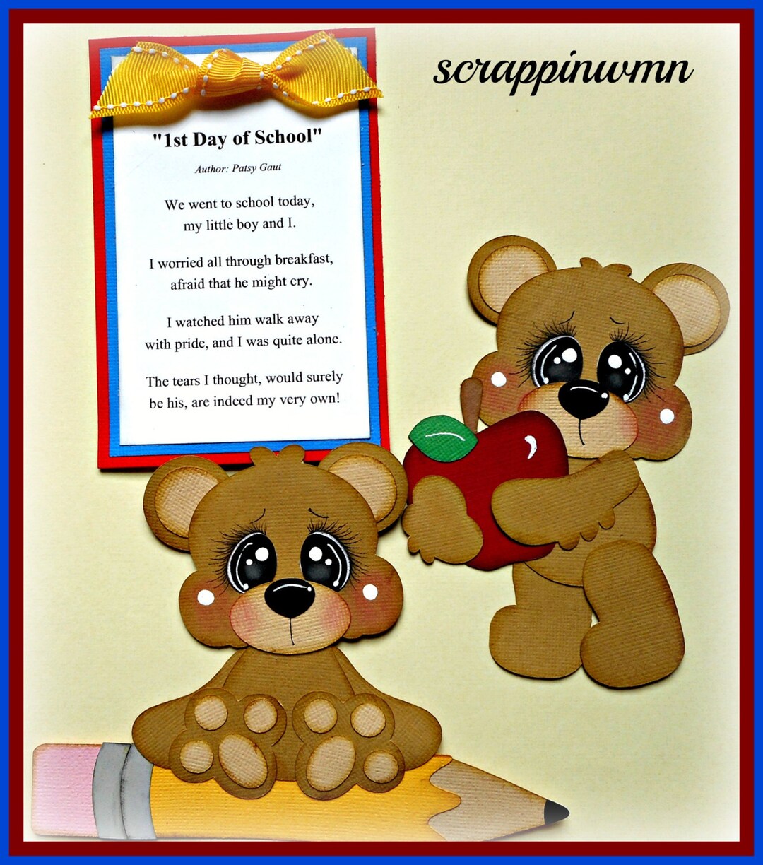 School Bear Handmade Premade Scrapbook Page Card Embellishment - Etsy