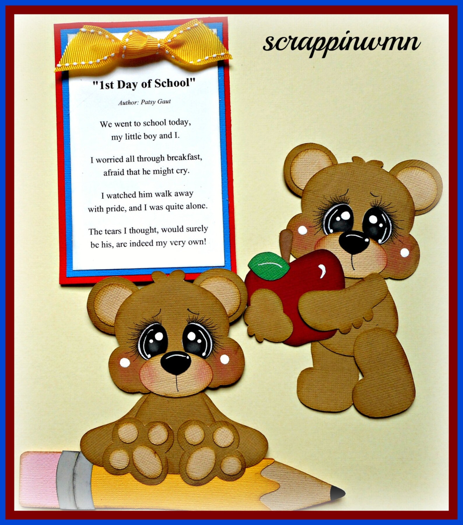 School Bear Handmade Premade Scrapbook Page Card Embellishment - Etsy