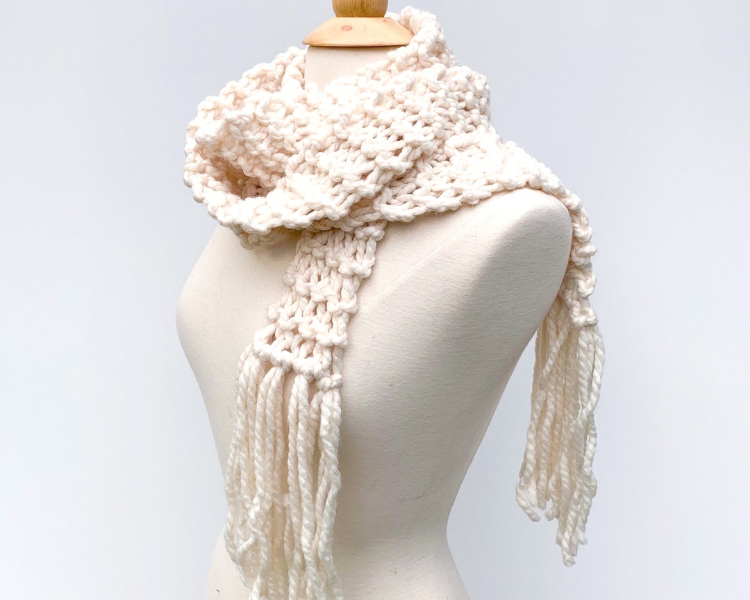 Cream Knit Skinny Scarf Long Skinny Scarf Long Scarf With Fringe Chunky ...