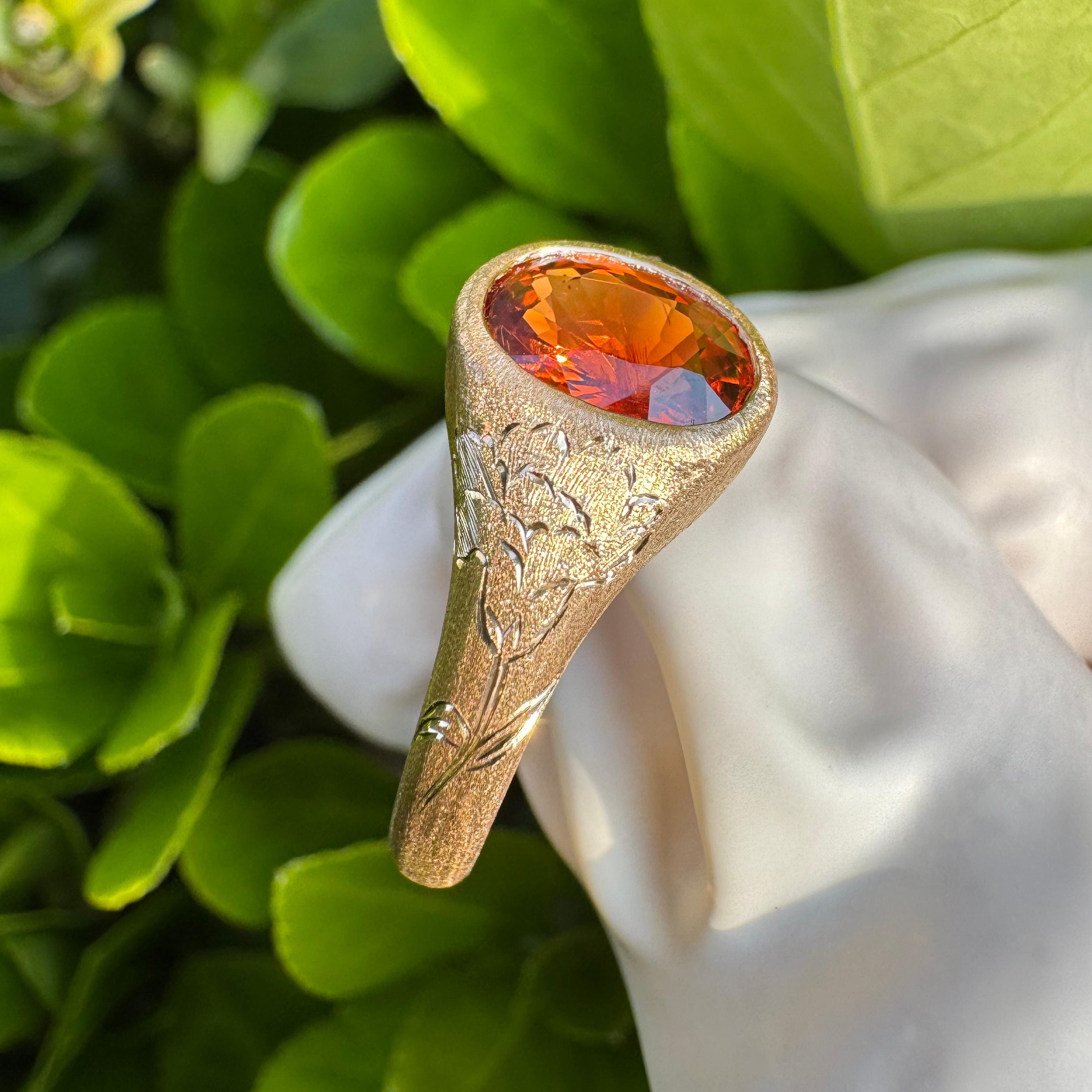 Handmade 18K Gold Spessartine Garnet Ring: Carved Carnation Band - Etsy