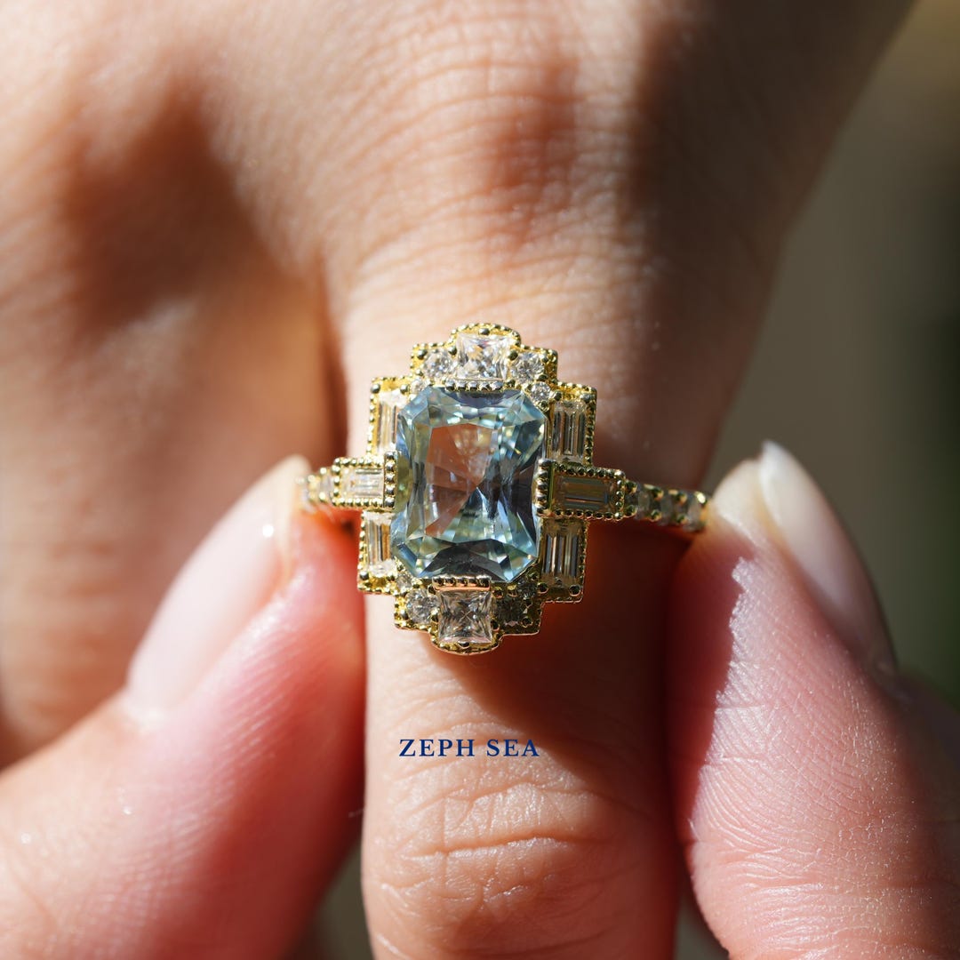 Light Blue Radiant Engagement Ring, Moissanite Solitaire Ring, Blue ...