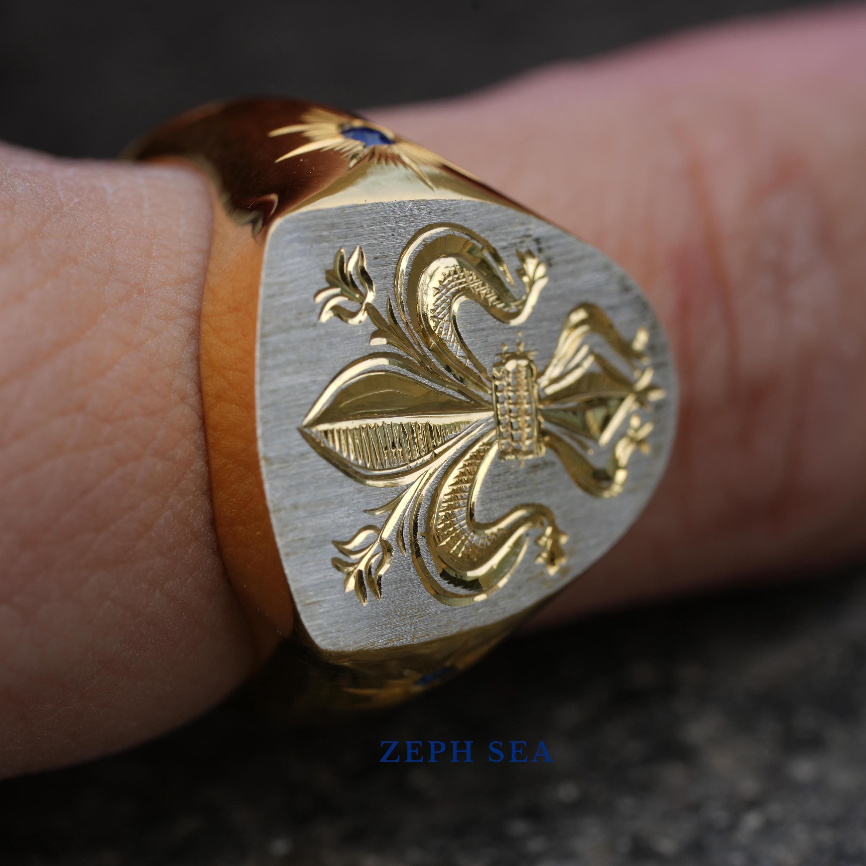 Gold Engraved Signet Ring, Handmade Signet Ring, Sapphire Ring, Hand Engraved, Personalized ...