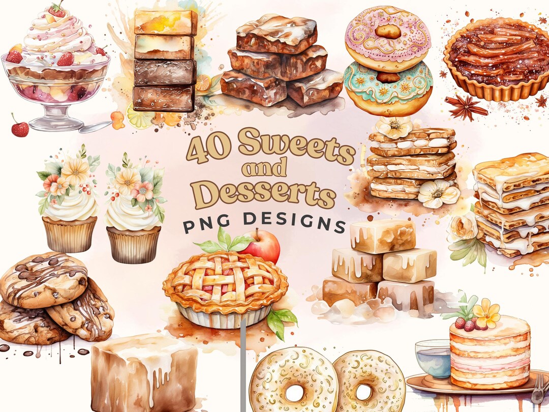 Watercolor Pastel Sweets and Desserts Clipart Sweet Treats Cute Candy ...
