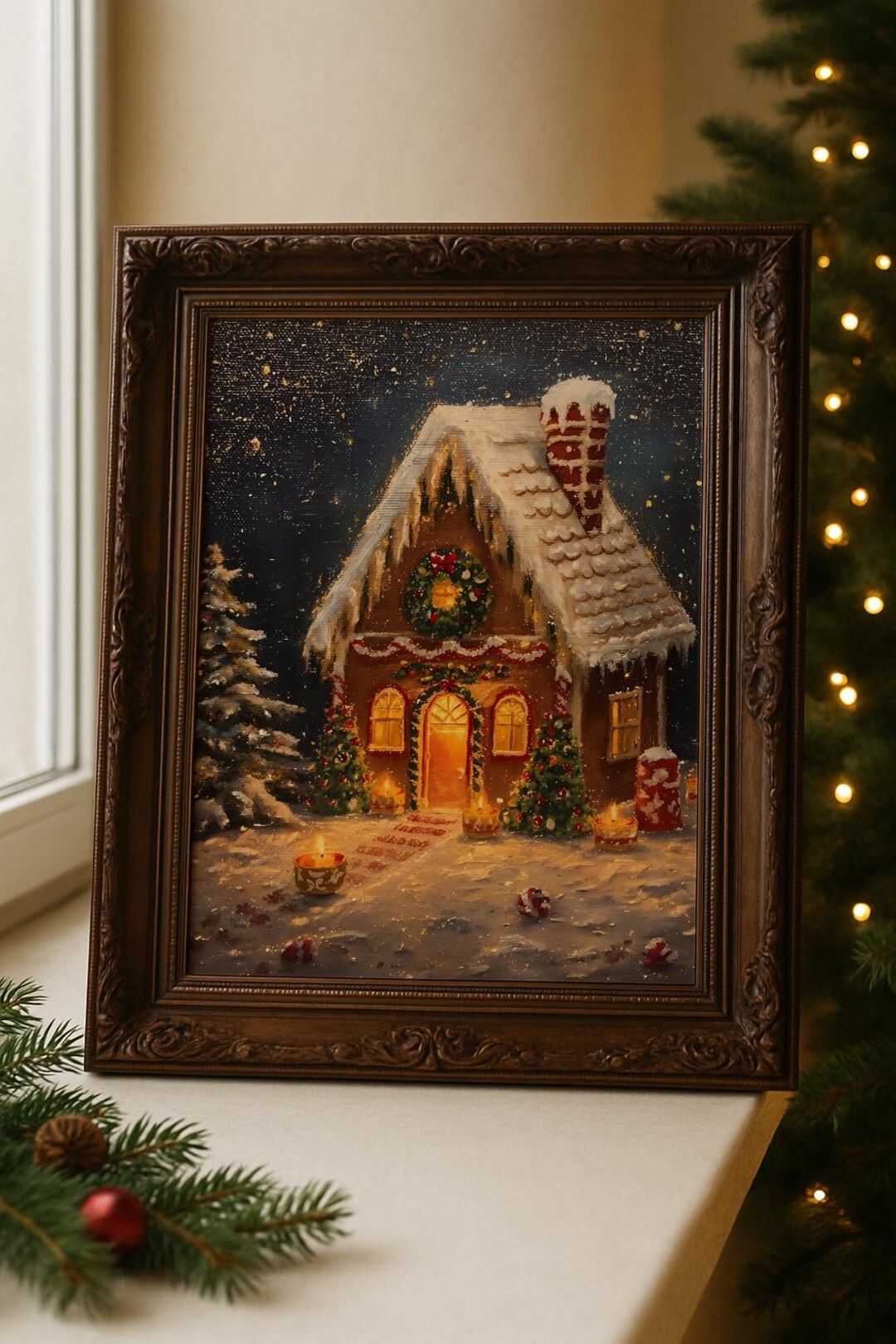 Christmas Gingerbread House Oil Painting Print | Winter Cottage Wall ...