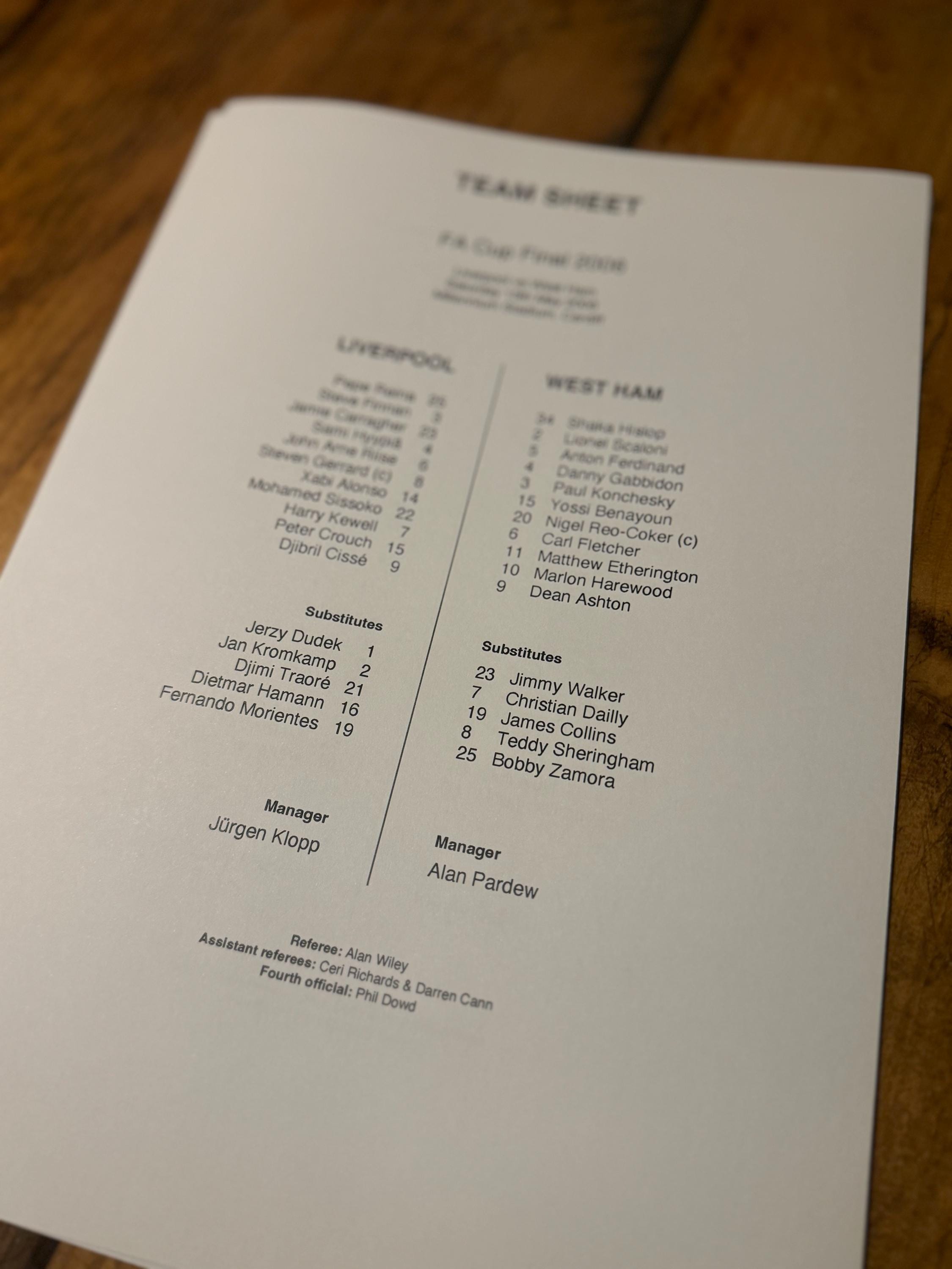 Liverpool FC Matchday Programme Football Team Sheet | Cup Final Winners ...
