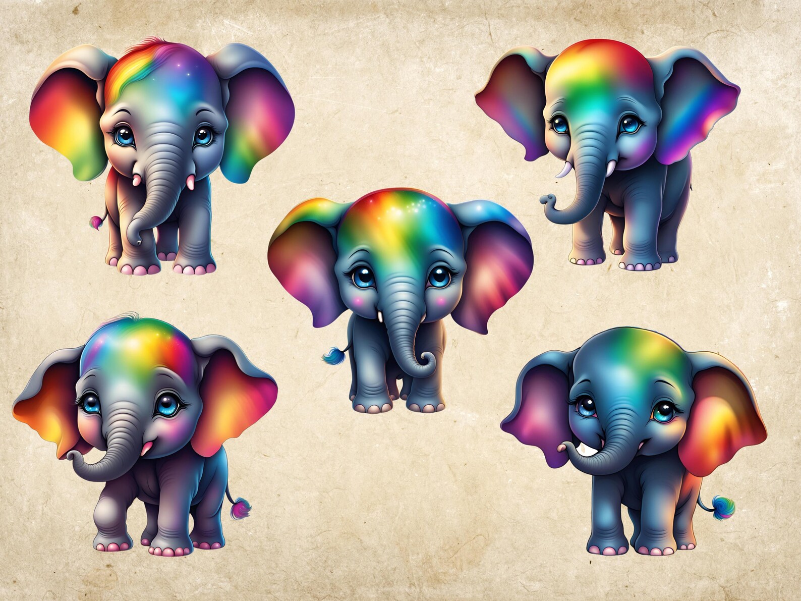 Watercolor Rainbow Elephant Clipart Set, 10 PNG Bundle, 12x12, 300 DPI ...