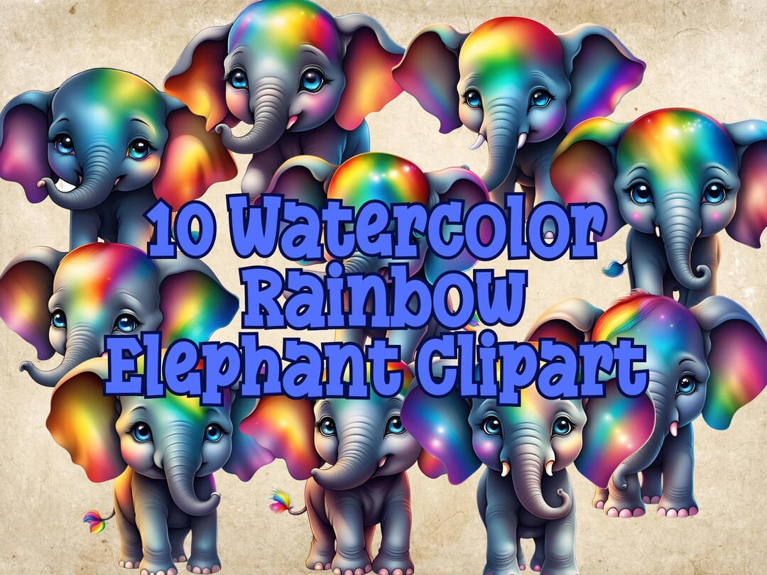 Watercolor Rainbow Elephant Clipart Set, 10 PNG Bundle, 12x12, 300 DPI ...
