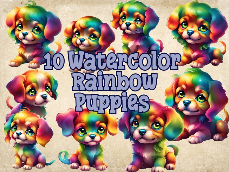 10 PNG, Watercolor Rainbow Puppy Clipart Set, 12x12, 300 DPI, Cute Dog ...