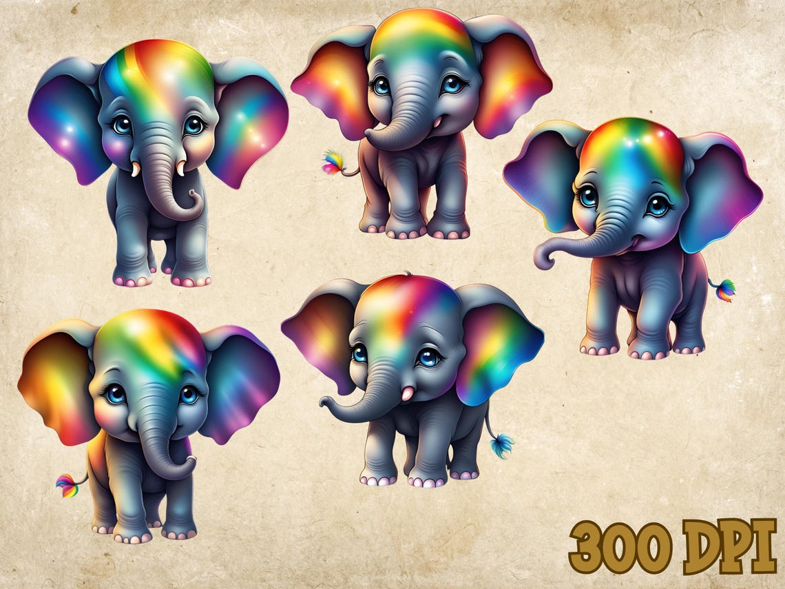 Watercolor Rainbow Elephant Clipart Set, 10 PNG Bundle, 12x12, 300 DPI ...