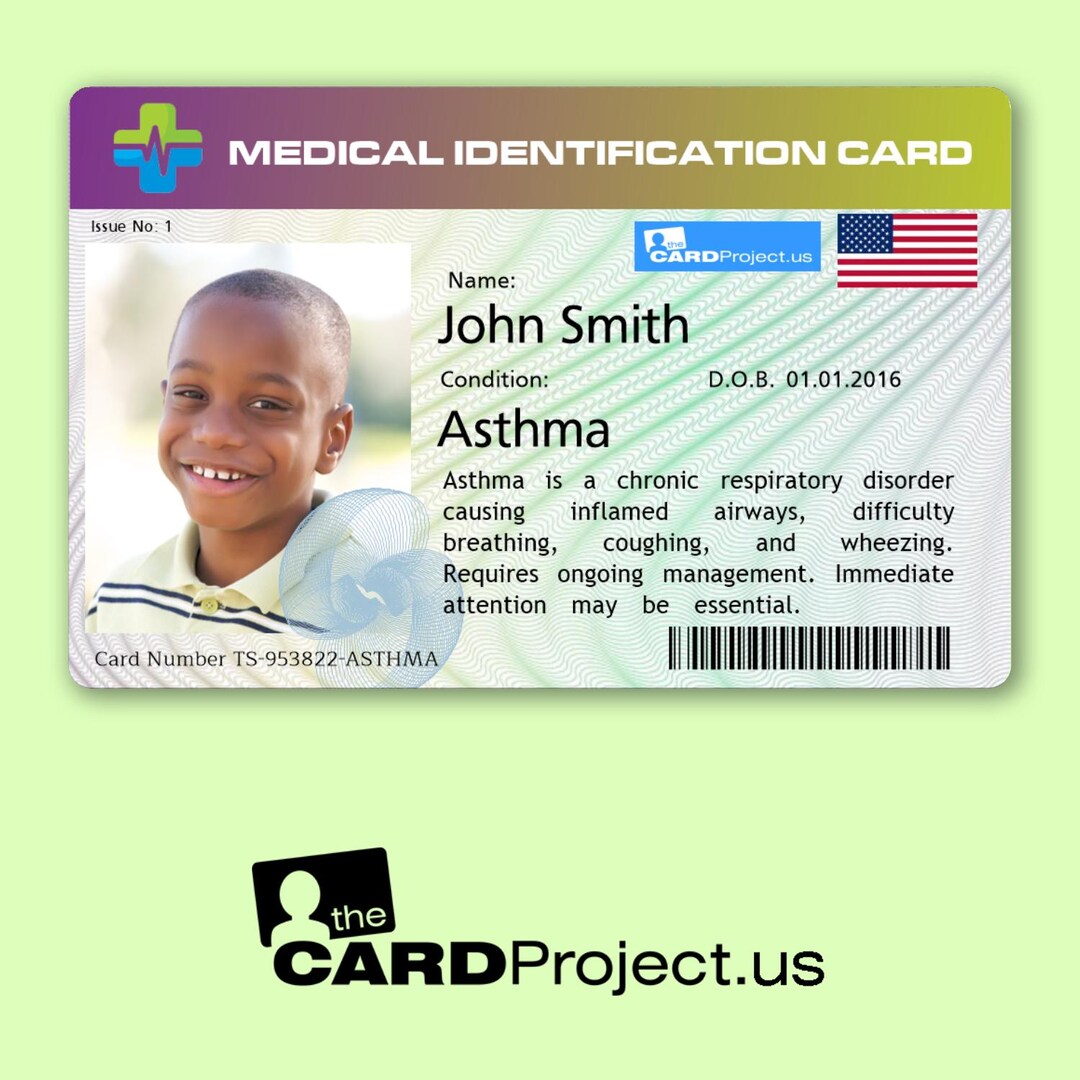 Asthma Medical ID Card for Emergency Response | Custom Photo & Info ...