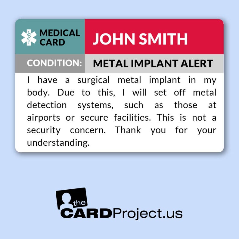 Metal Implant ID Card – Wallet-sized, Biodegradable Plastic, Medical ...