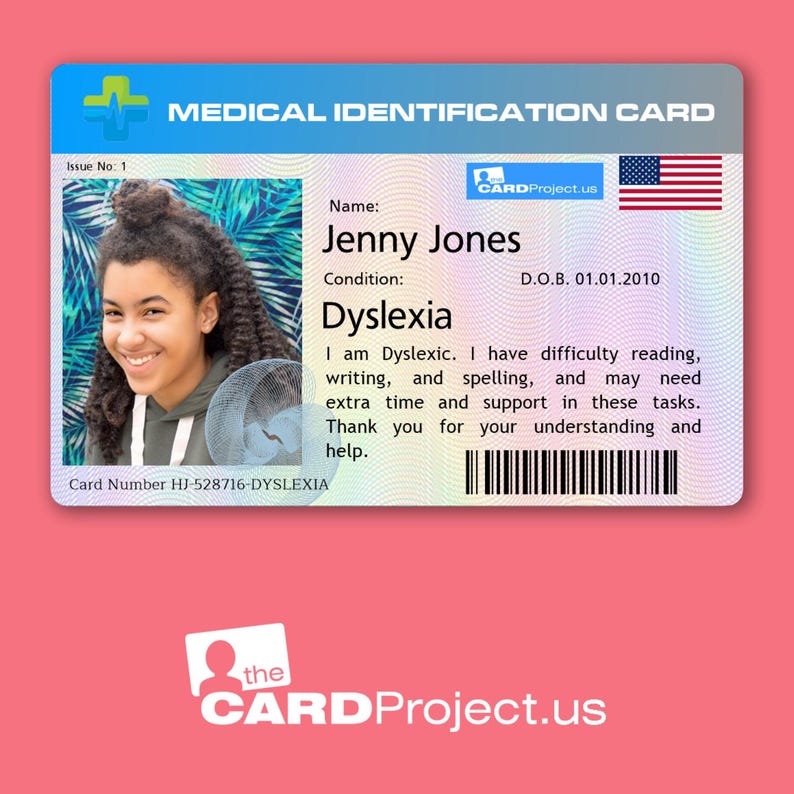 Dyslexia Medical ID Card for Reading Difficulty, Learning Disability ...
