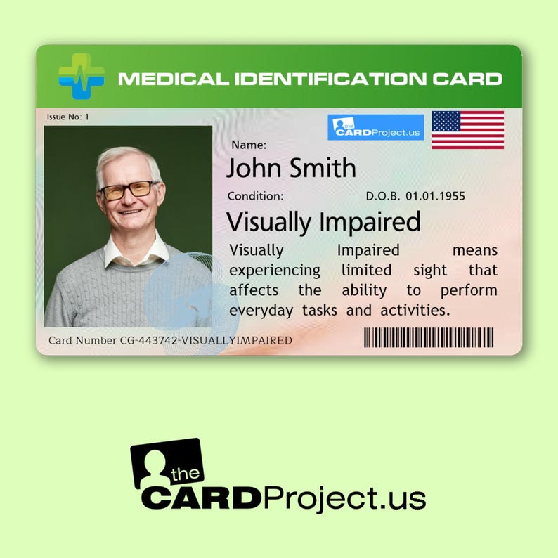 Visually Impaired Medical ID Card With Photo, Name & Date of Birth ...