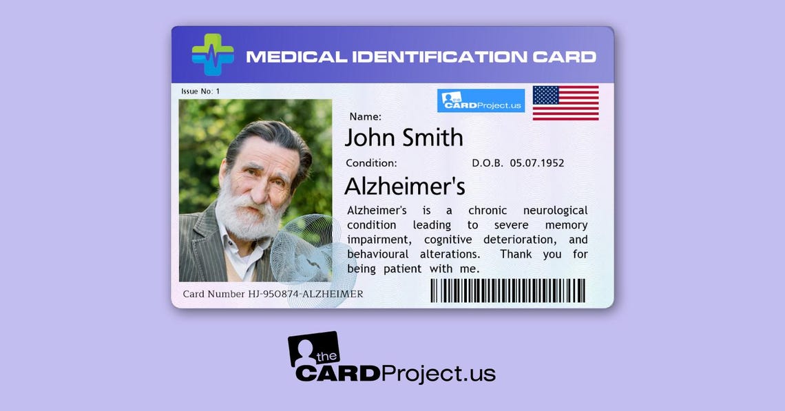 Alzheimer’s ID Card With Photo, Medical Alert & US Flag – Memory Loss ...