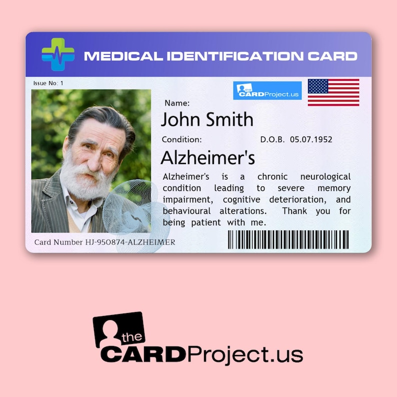 Alzheimer’s ID Card With Photo, Medical Alert & US Flag – Memory Loss ...
