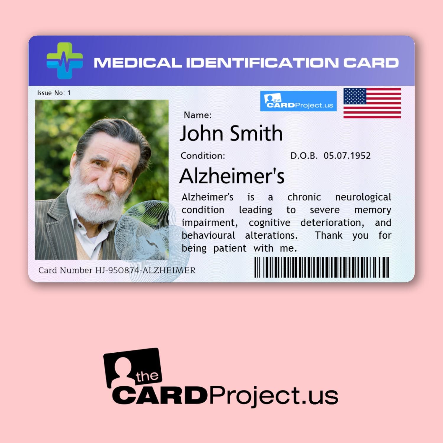 Alzheimer’s ID Card With Photo, Medical Alert & US Flag – Memory Loss ...