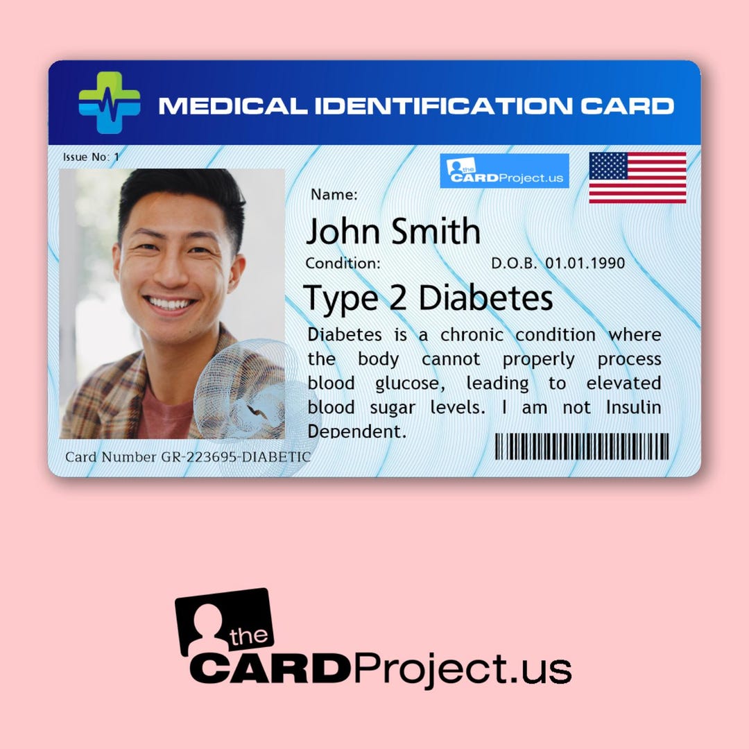 Type 2 Diabetes Medical ID Card With Photo | Emergency Diabetic Alert ...