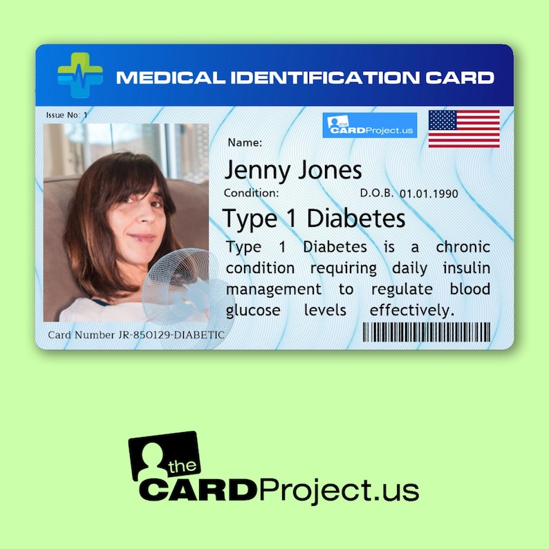 Type 1 Diabetes Medical ID Card With Photo | Biodegradable Plastic ...