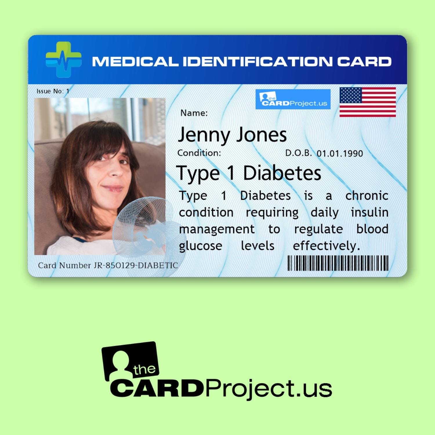 Type 1 Diabetes Medical ID Card With Photo | Biodegradable Plastic ...