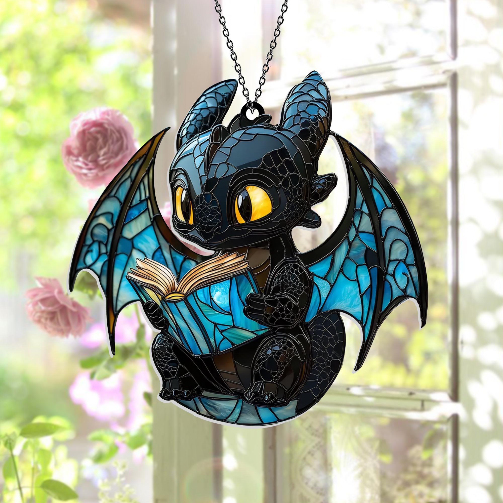 Cute Blue Dragon Reading Book Acrylic Suncatcher, Dragon Reading Window ...