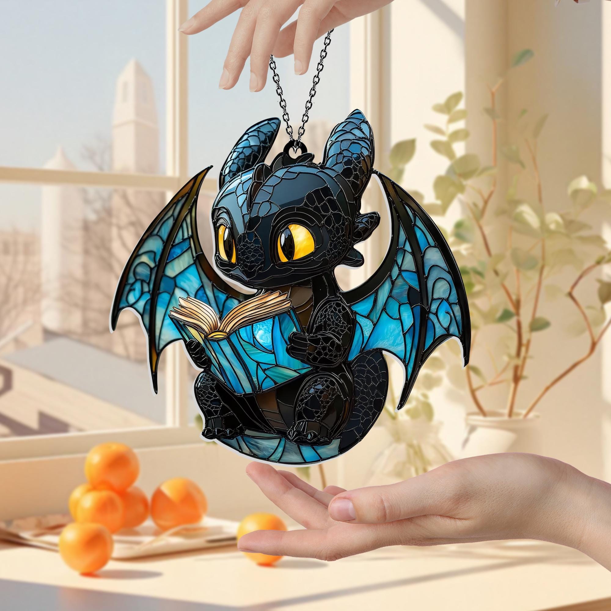 Cute Blue Dragon Reading Book Acrylic Suncatcher, Dragon Reading Window ...