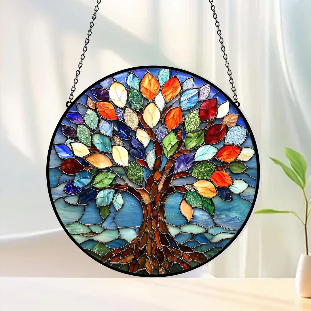 Tree of Life Round Stained Glass Window Hanging,blue & Amber Leaf ...