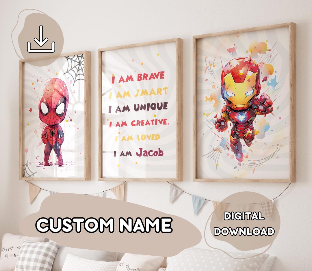 3 Superhero Affirmation Posters - Kids Affirmation Print, Custom Name ...