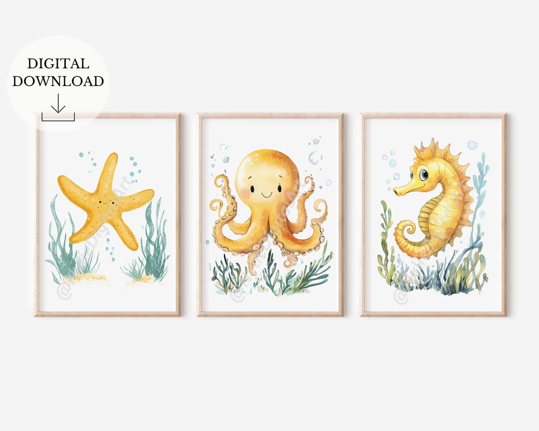 Set of 3 Nursery Under the Sea Posters - Wall Decor, Prints for Kids ...