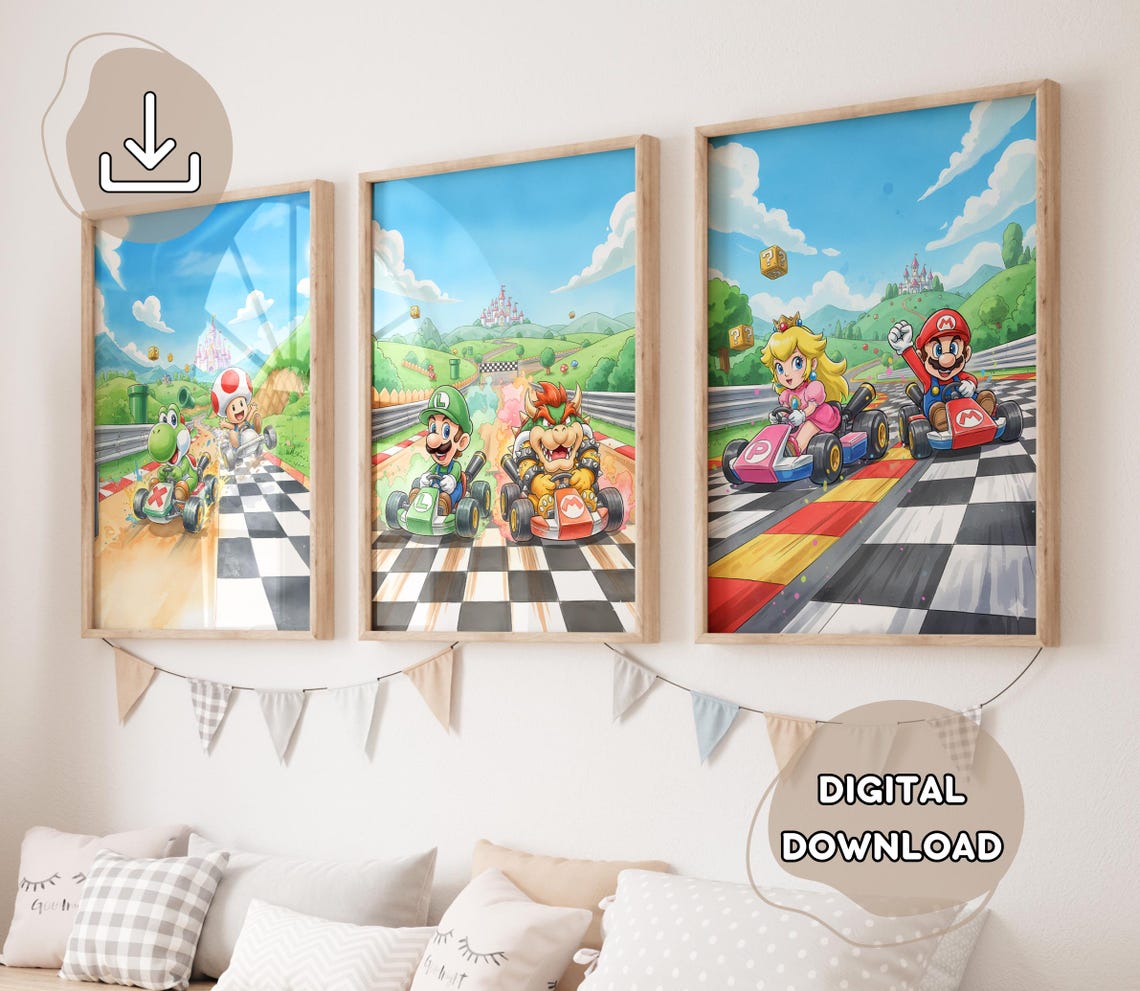 Hand-drawing Super Kart Prints, Mario and Luigi, Prints for Kids, Baby ...