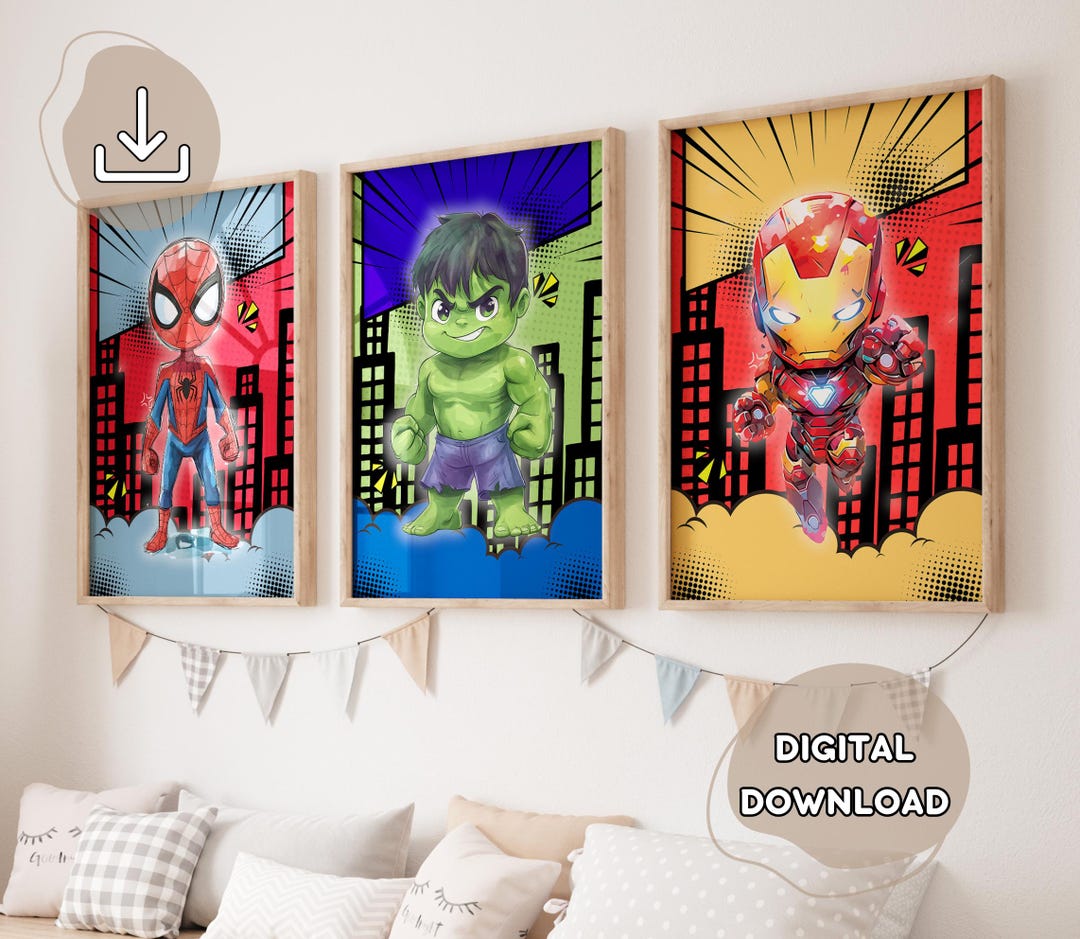 3 Superhero Comics Poster Set – Printable Boys Room Wall Art, Action ...