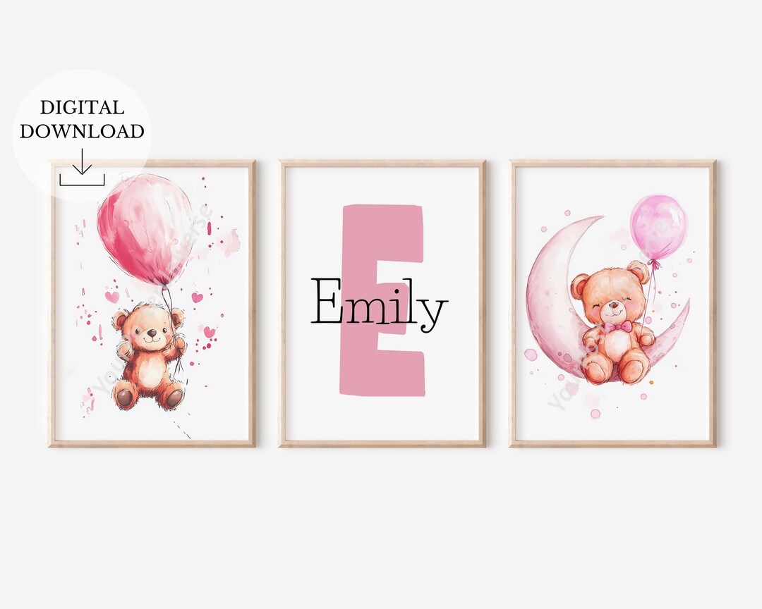 Set of 3 Personalized Teddy Bear Posters - Girls Room Decor, Nursery ...