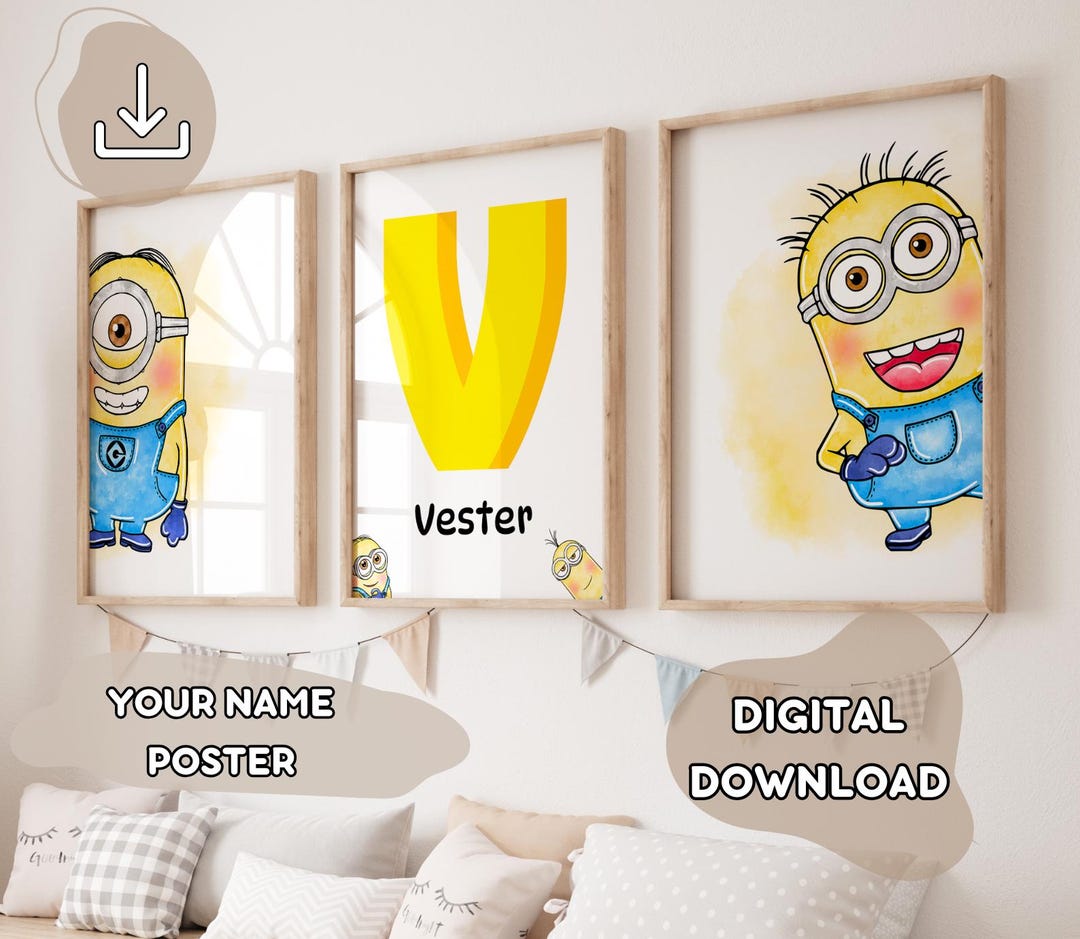 3 Personalized Minions Wall Art - Digital Download, Watercolor Minions ...