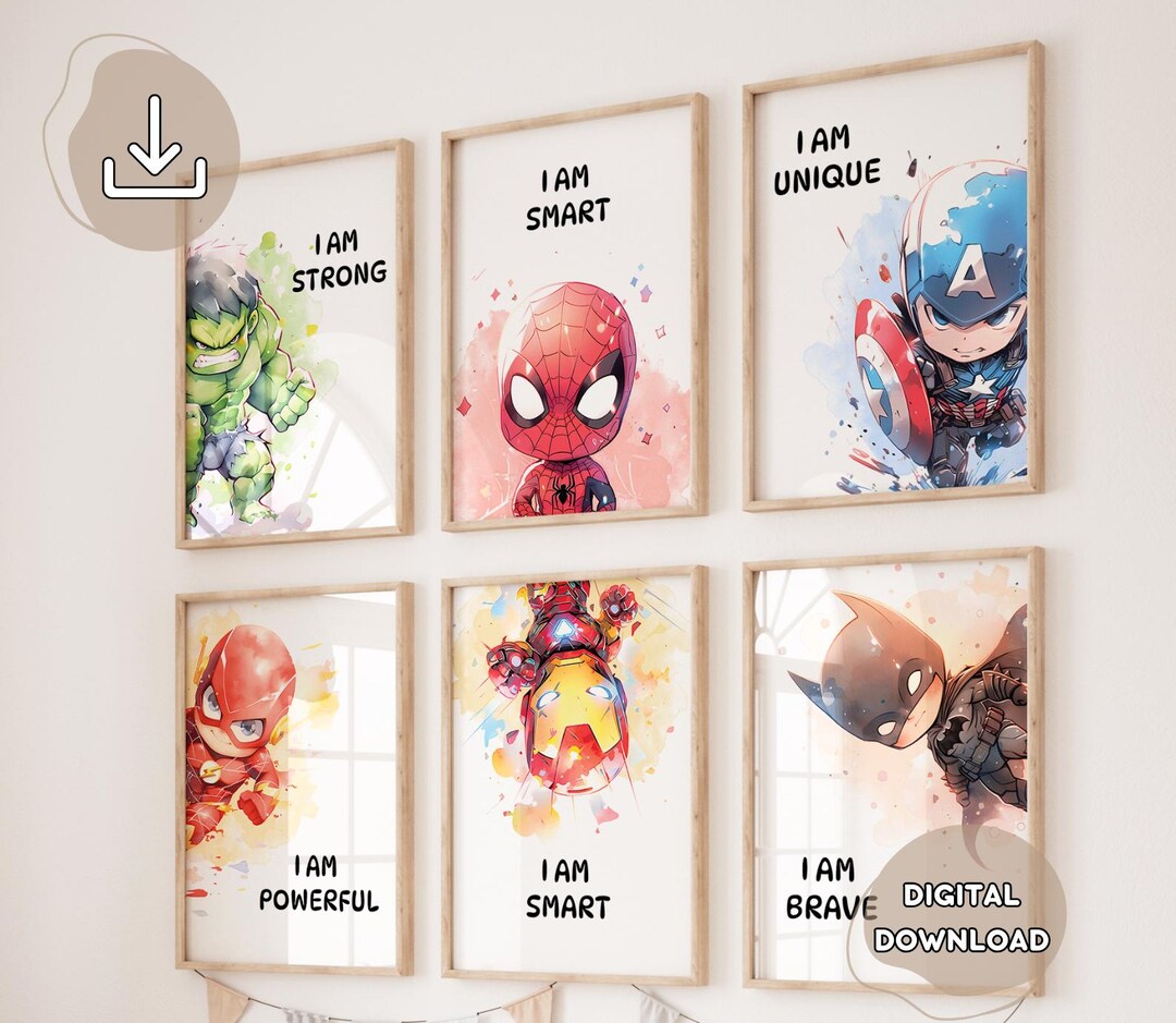6 Digital Affirmation Superheroes Prints - Baby Hero Posters, Gift for ...